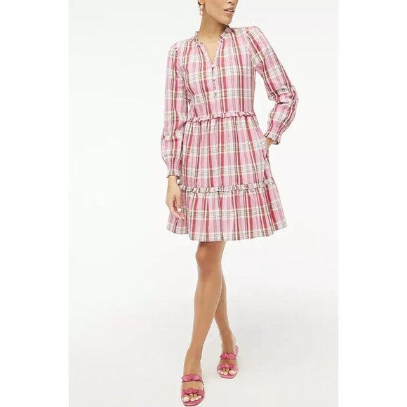 J. Crew Factory | Dresses | J Crew Plaid Long Sleeve Ruffle Trim Tiered ...